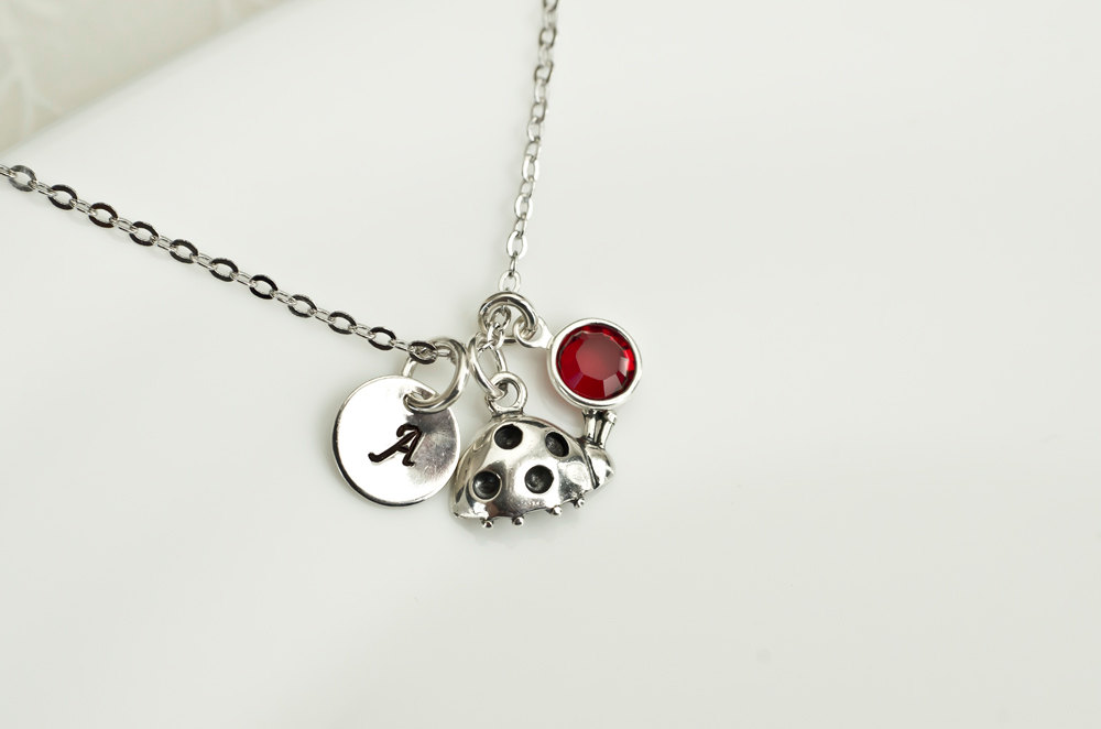 Birthstone Initial Necklace, Ladybug Initial Necklace, Swarovski ...