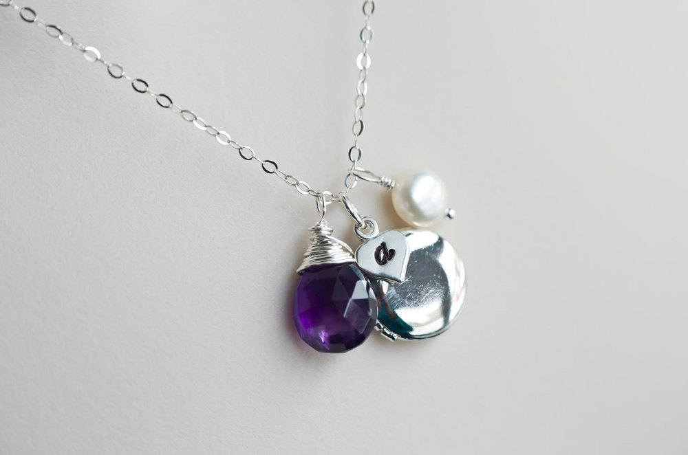 Initial Locket Necklace, Amethyst And Silver Locket Necklace, Custom ...